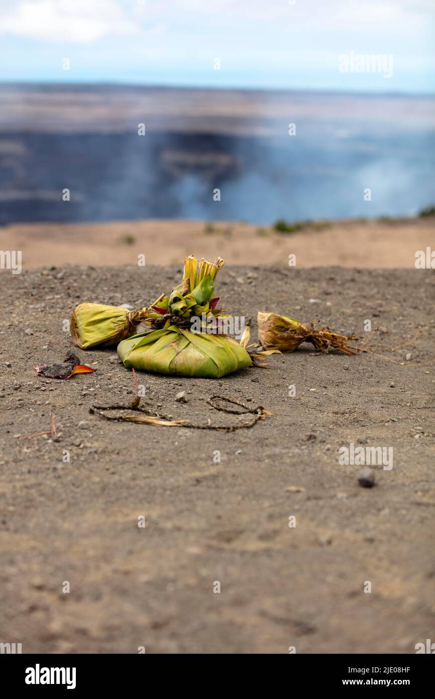 Offering to volcano goddess Pele, Uekahuna, Kilauea Caldera, Hawai'i ...