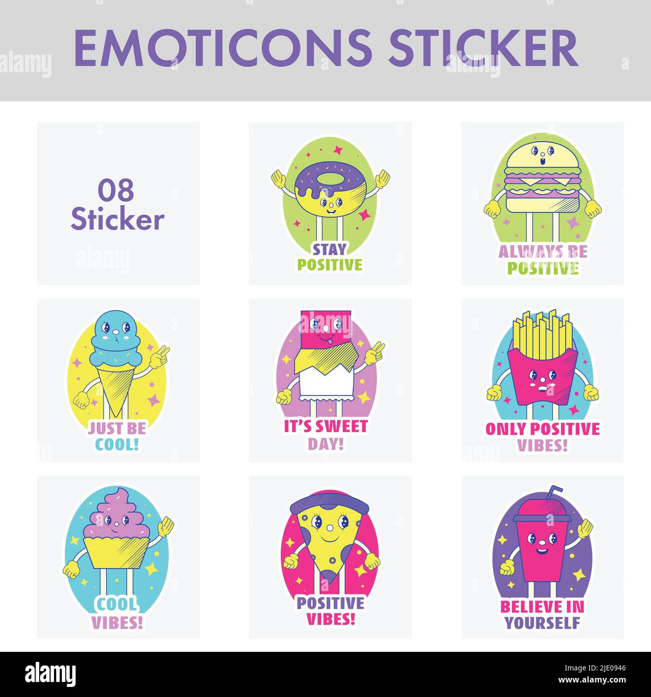 Flat Style Emoticons Sticker Collection On White Background Stock ...