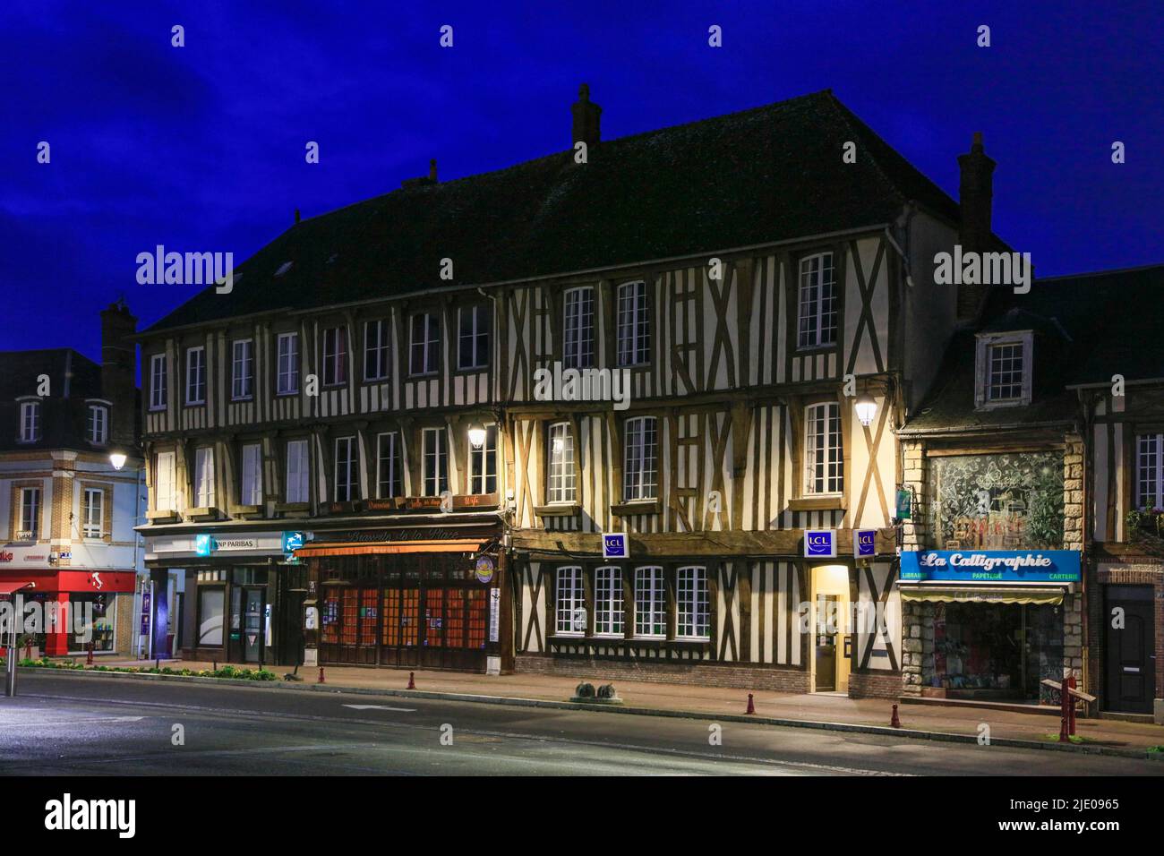 Half-timbered house on the market square in the early morning, Verneuil ...