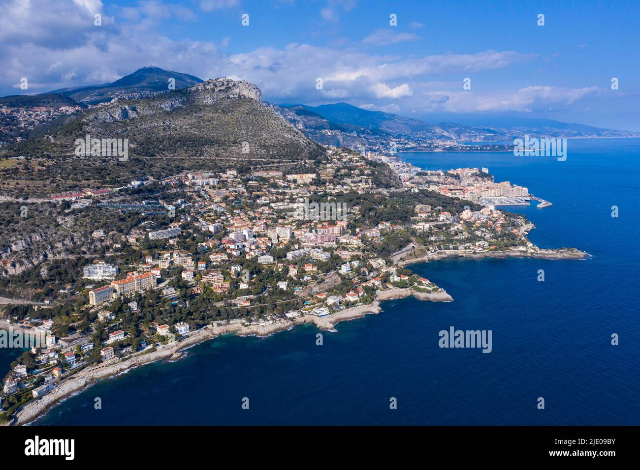 Aerial view of the coast of Cap d'Ail, in the back right Principality ...