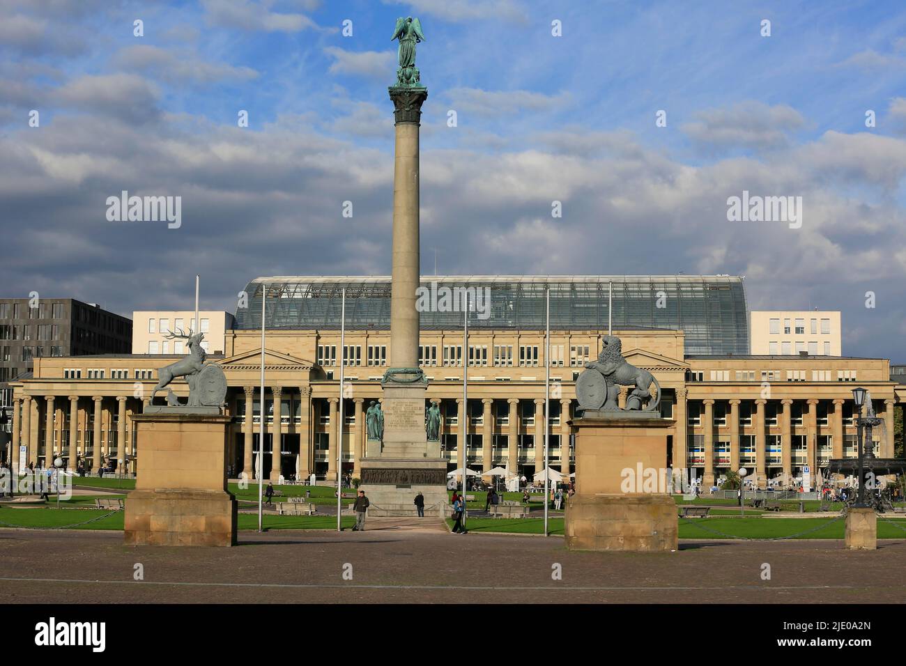 Schlossplatz with jubilee column and statues of stag and lion in front ...