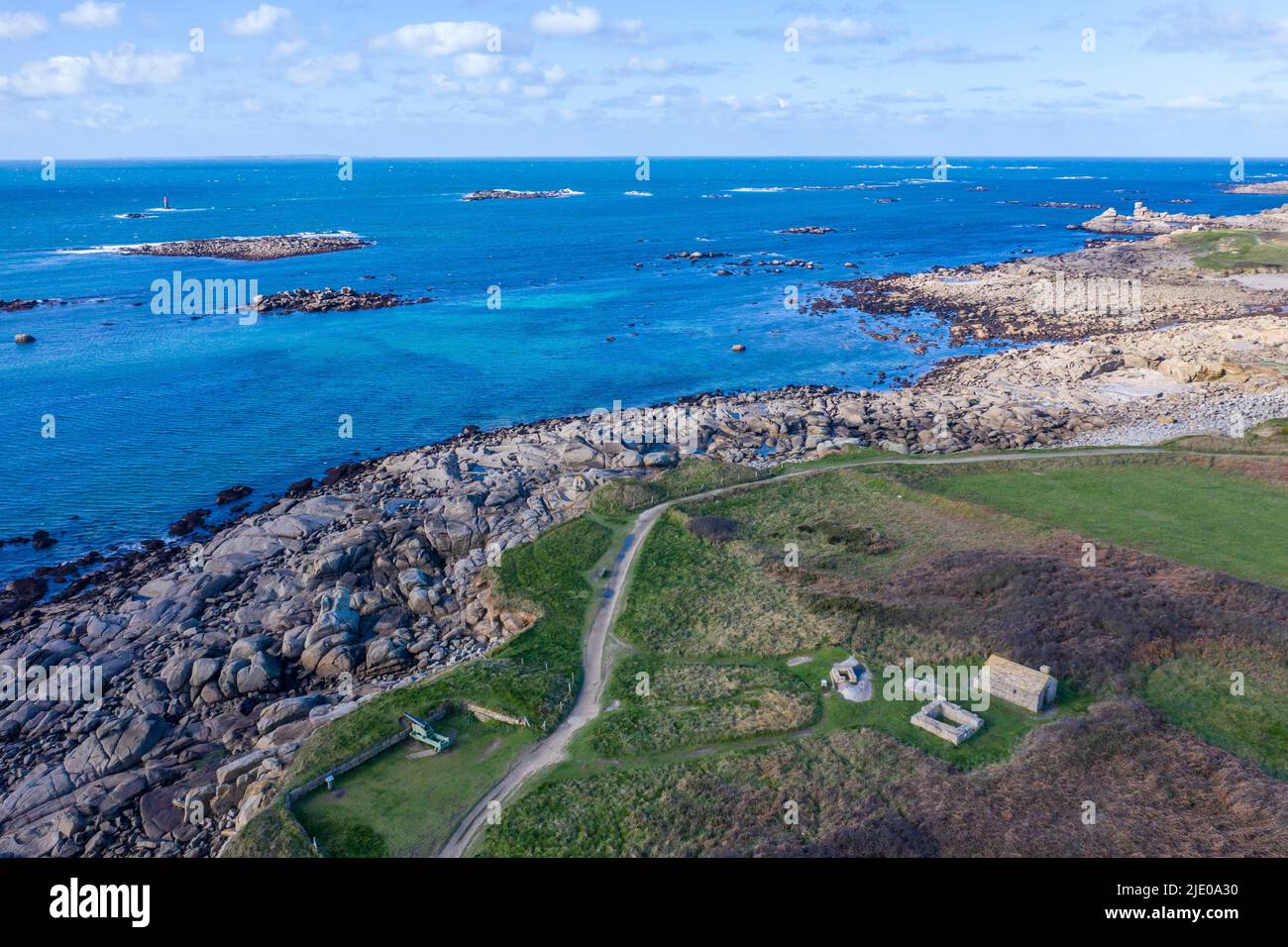 Aerial view of the coast at the mouth of the Aber Ildut into the ...