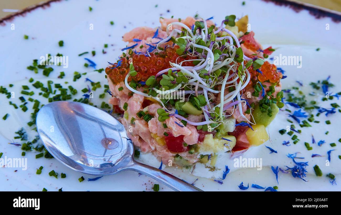 Nostos Restaurant, Appetizer, Salmon Tartare, Adamantas, Milos Island ...