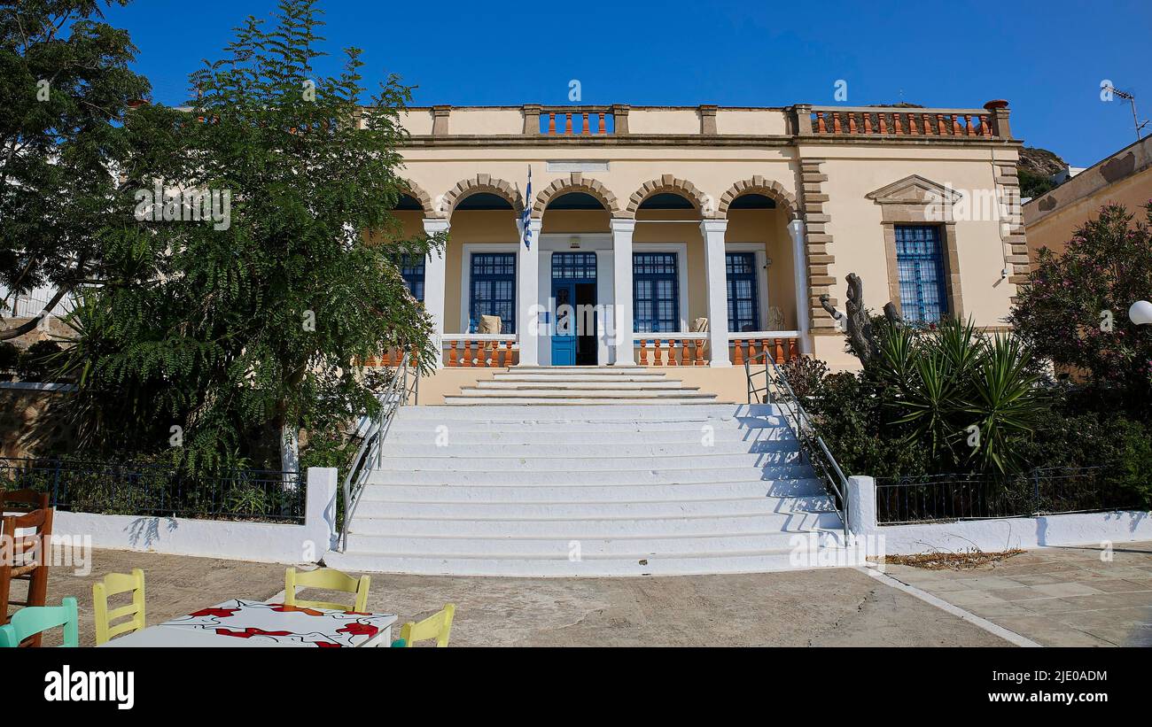 Morning light, entrance, barrel, stairs, Archaeological Museum, blue ...