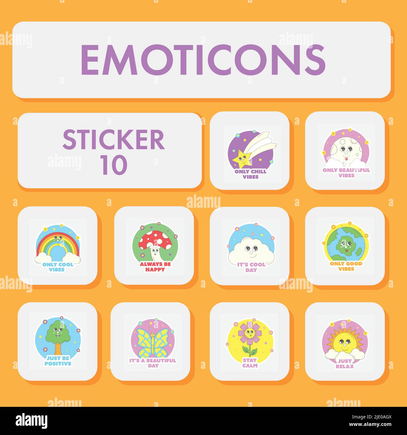 Flat Style Colorful Emoticons Sticker Set On Orange And Gray Background ...