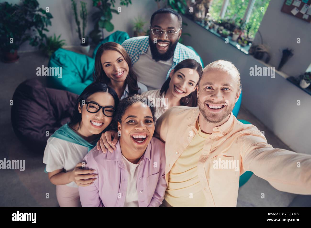 Portrait of joyful positive group students make selfie record video ...