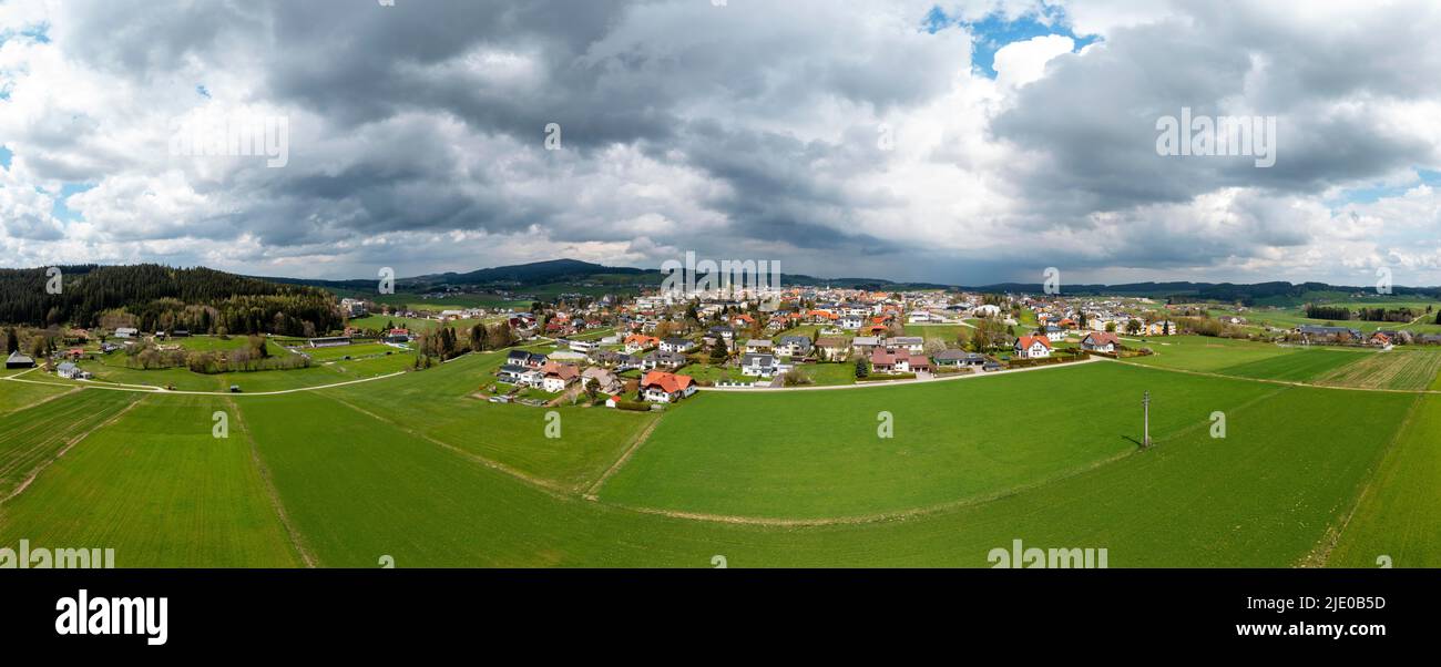 Drone image, agricultural cropland with view of Bad Leonfelden ...