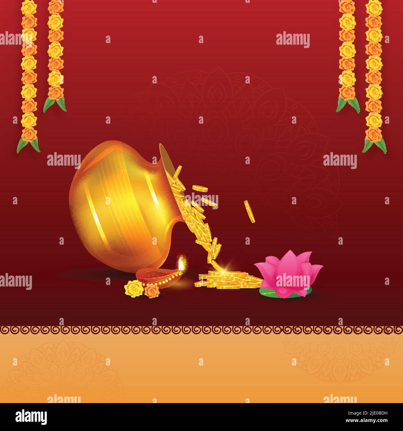 Golden Coins Falling From Treasure Pot With Lotus Flower, Lit OIl Lamp ...