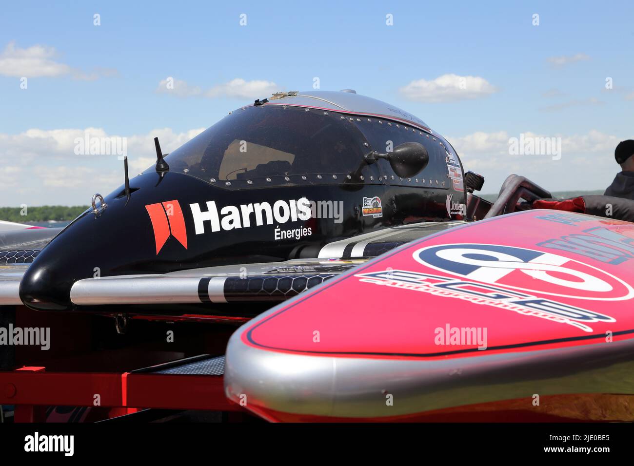 Race boat at pit stop, hydroplane racing event, Province of Quebec ...