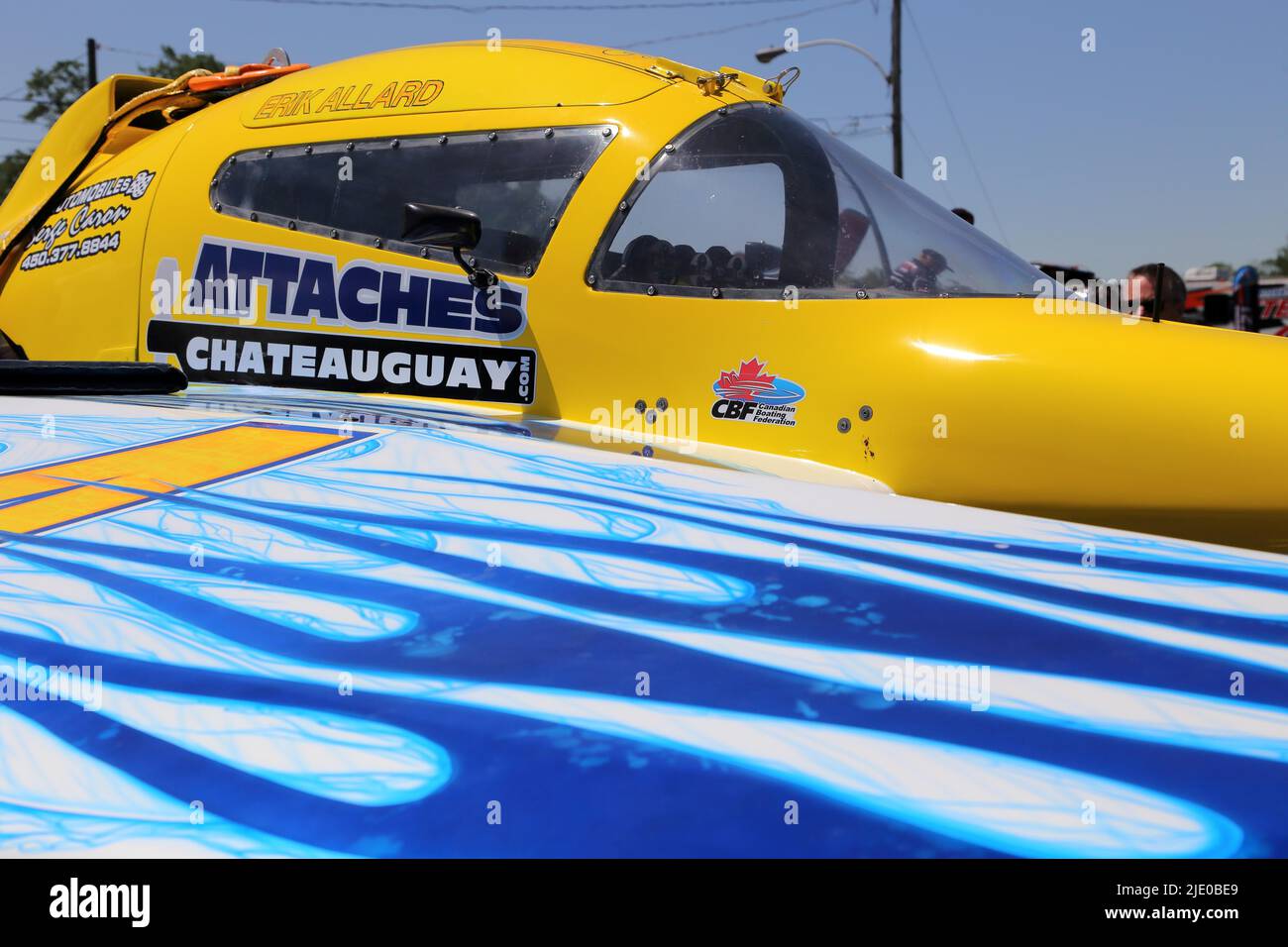 Race boat at pit stop, hydroplane racing event, Province of Quebec ...