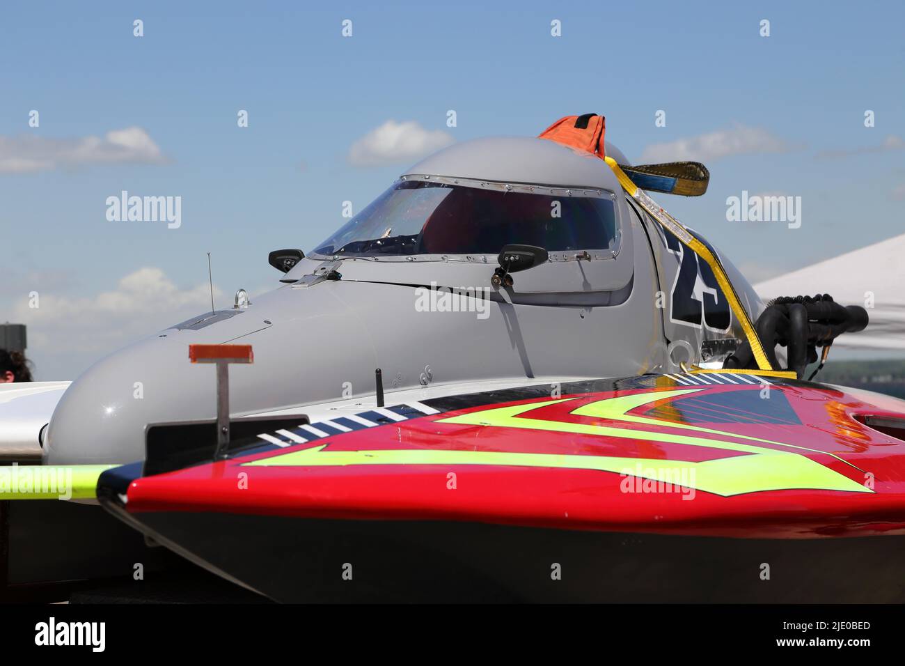 Race boat at pit stop, hydroplane racing event, Province of Quebec ...