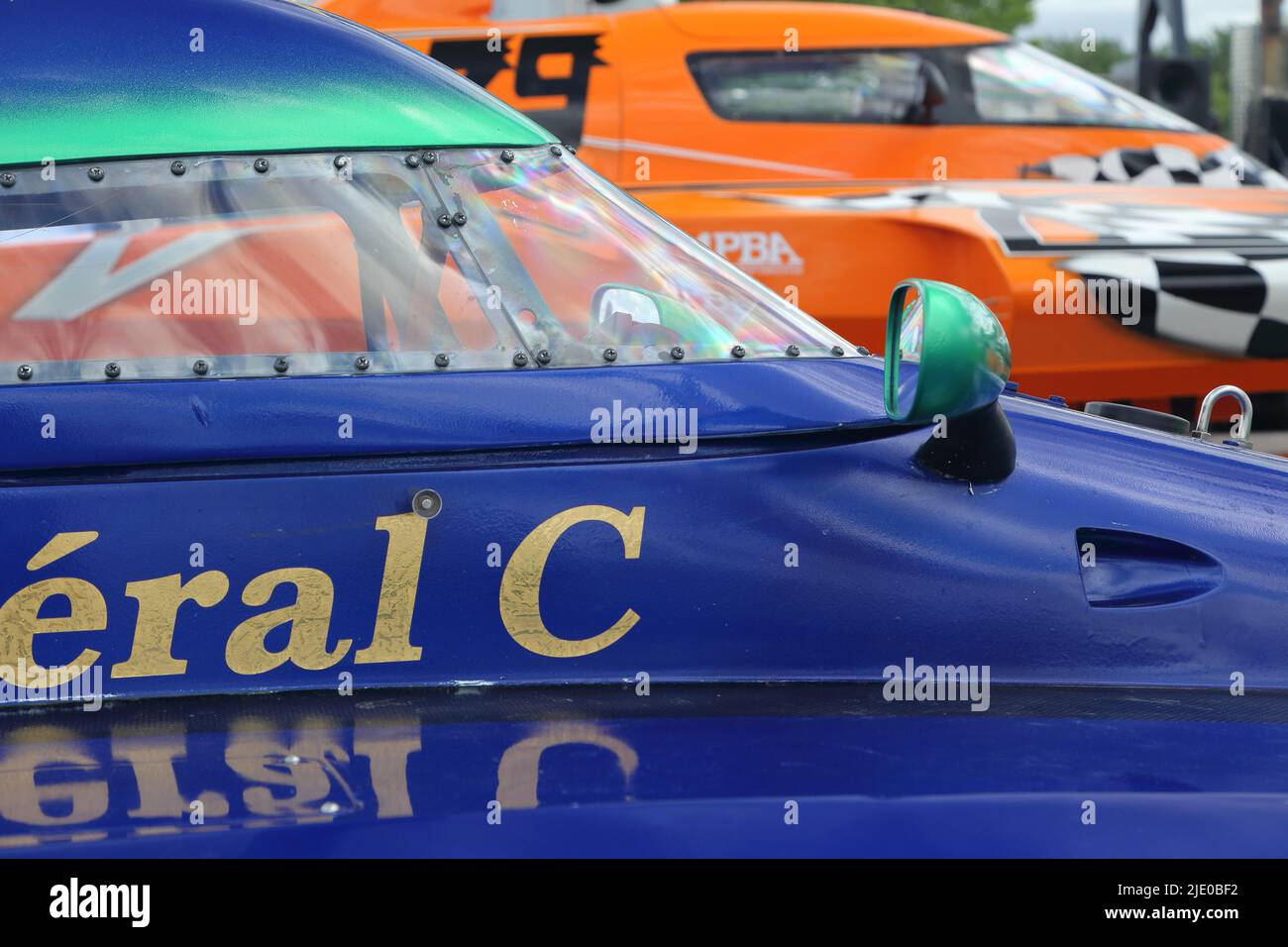 Race boat at pit stop, hydroplane racing event, Province of Quebec ...