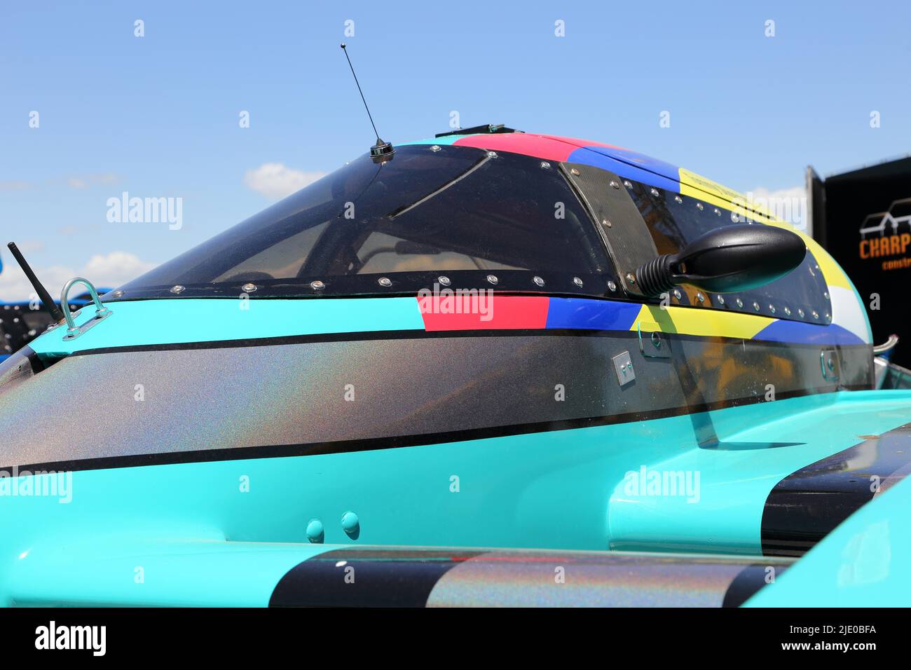 Race boat at pit stop, hydroplane racing event, Province of Quebec ...