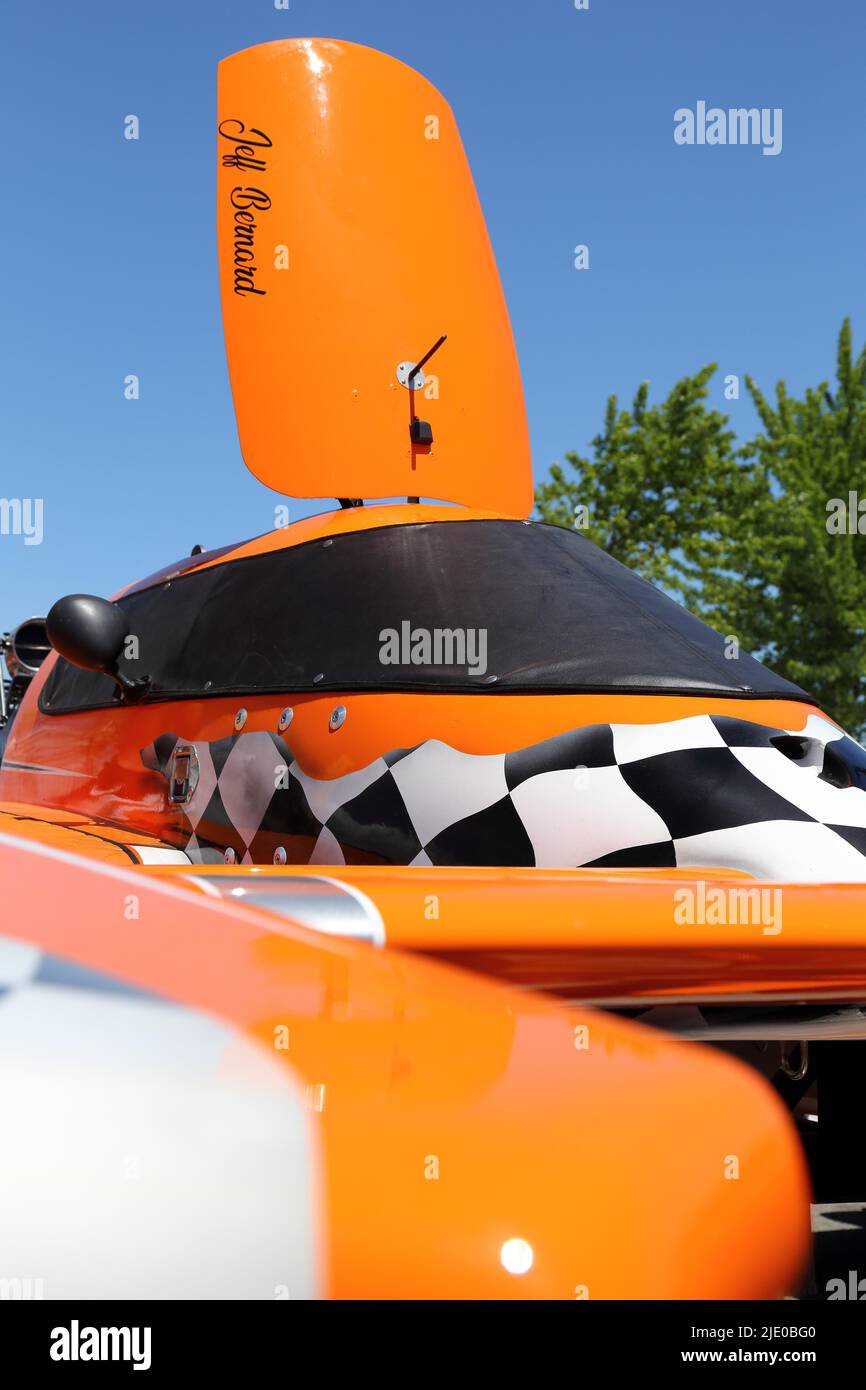 Race boat at pit stop, hydroplane racing event, Province of Quebec ...