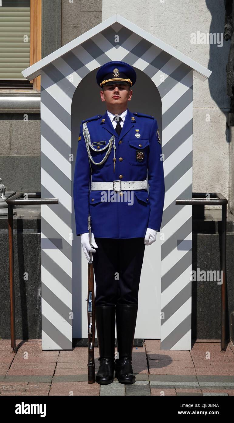 Kiev, Ukraine July 11, 2021: A guard of honor guards the entrance to ...