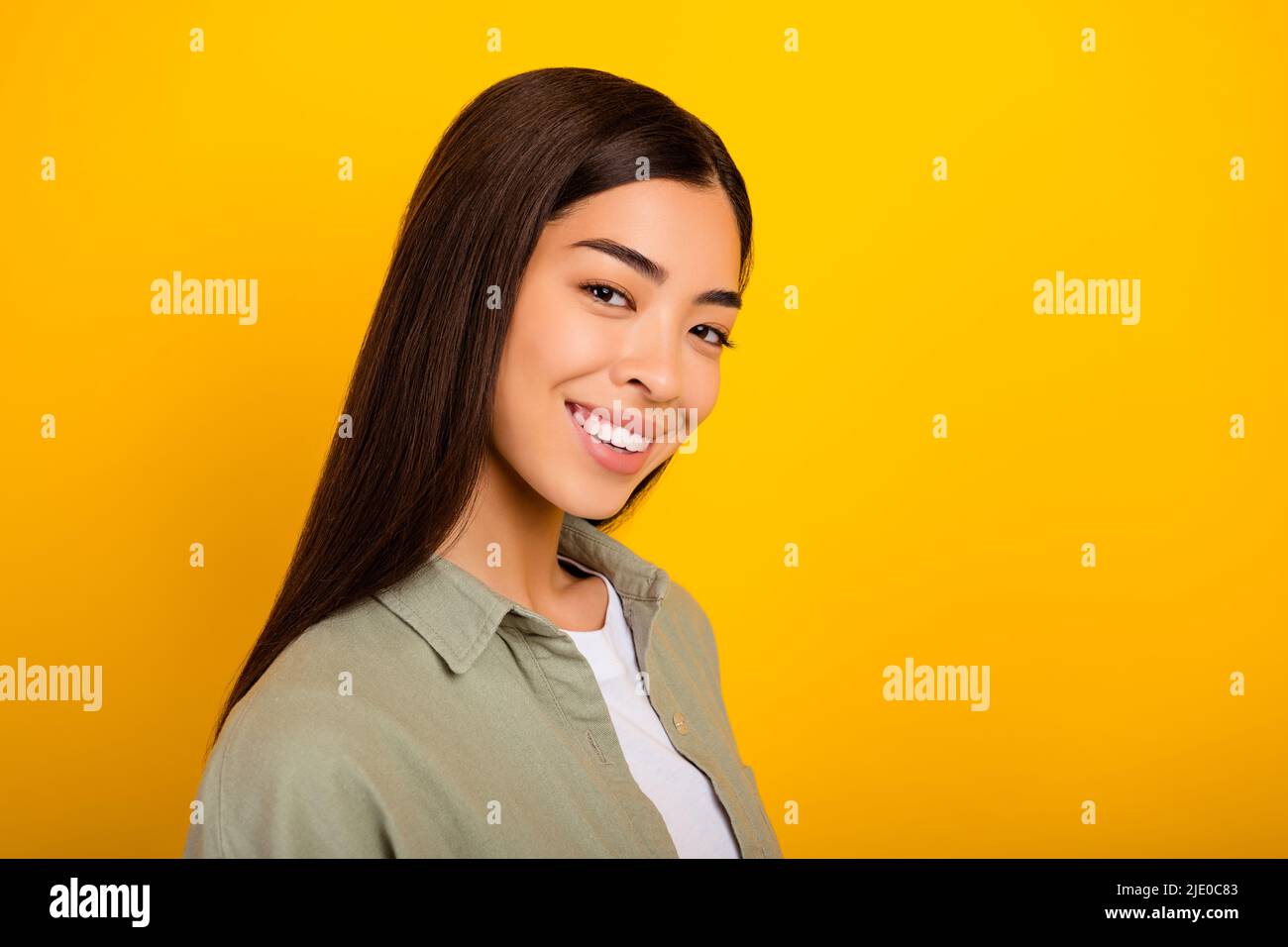 Portrait of young adorable good looking filipino lady with long keratin ...