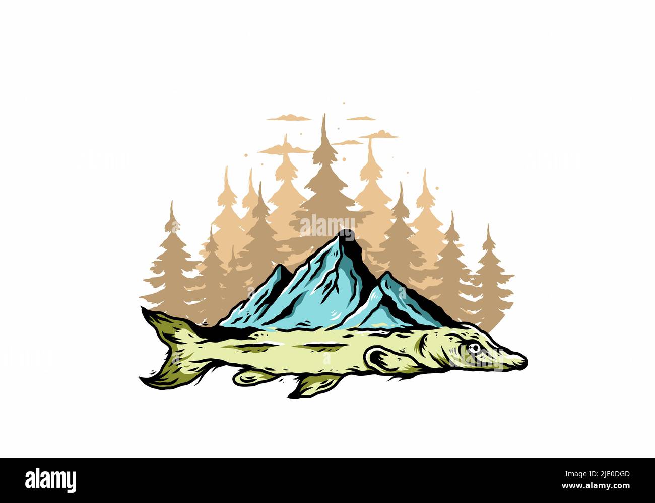 Illustration design of a Arapaima fish and mountain Stock Vector Image ...