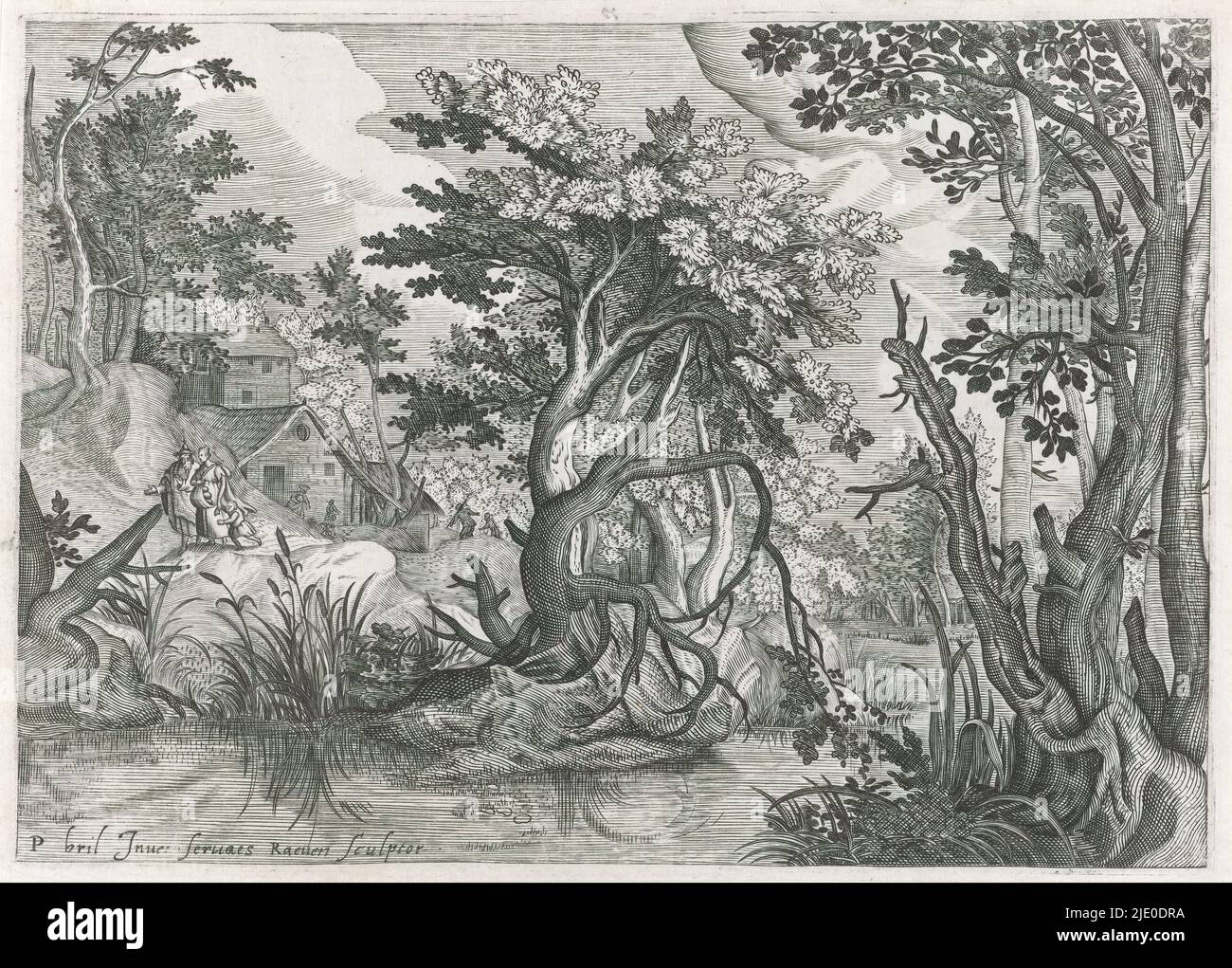 Landscape with hut, Landscape with shaggy trees along a lake. In the ...