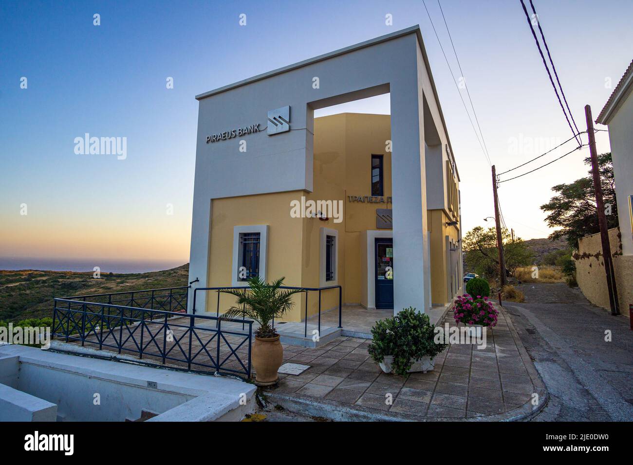 Exterior view of Piraeus bank building in Kythera island, Greece Stock ...
