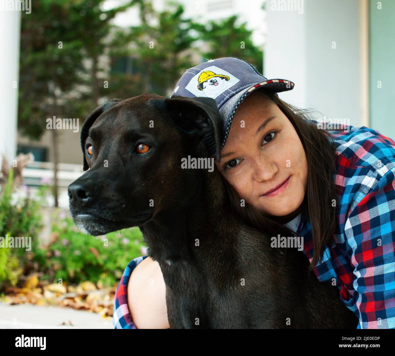 young brunette woman with dog outside, lifestyle peole concept Stock ...
