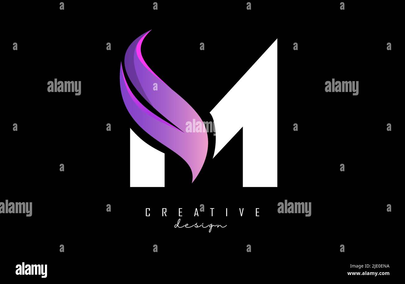 Vector illustration of abstract letter white M with pink leaf, eco ...