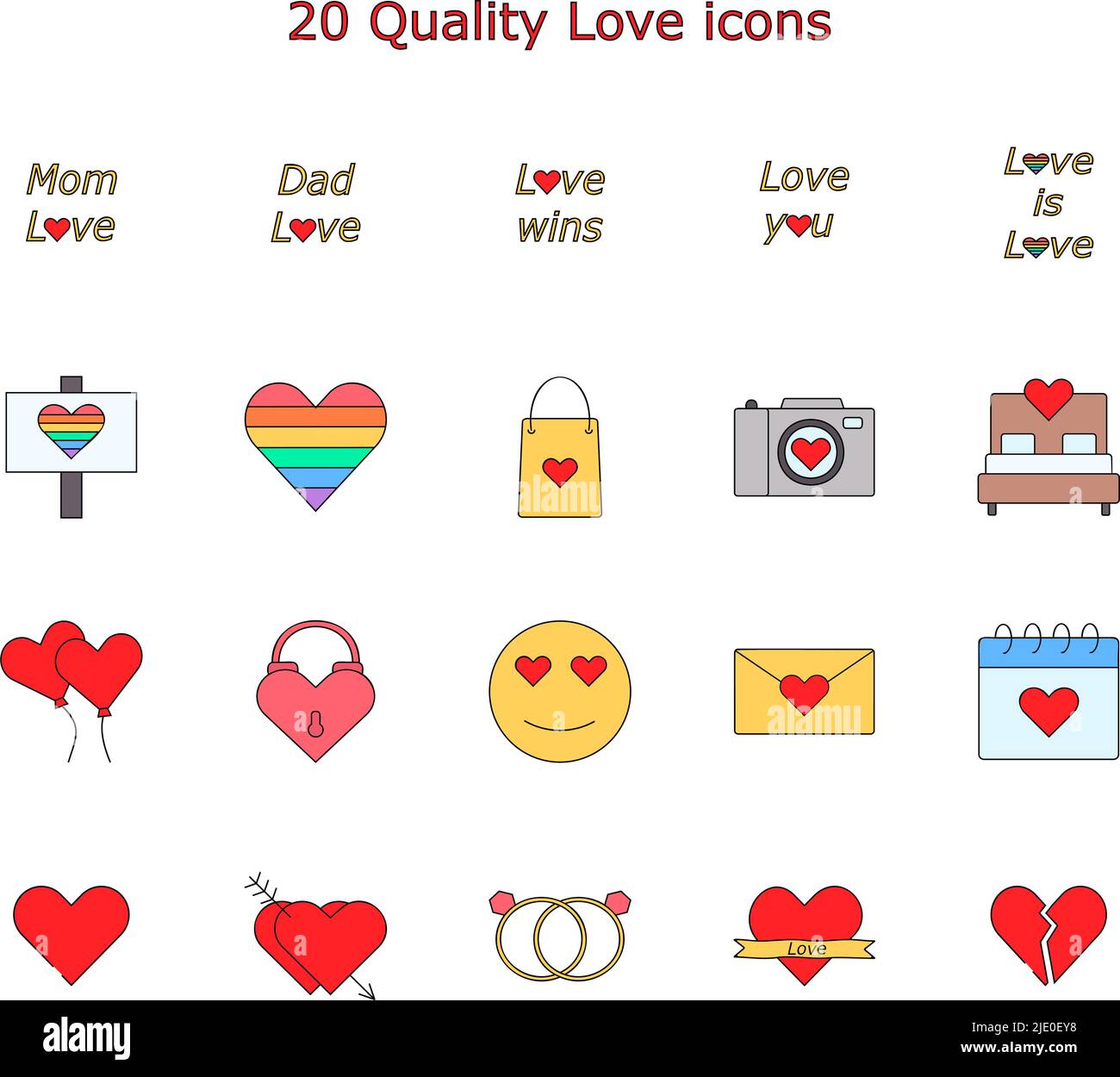 20 quality love icon set. Outlined colour icons Stock Vector Image ...