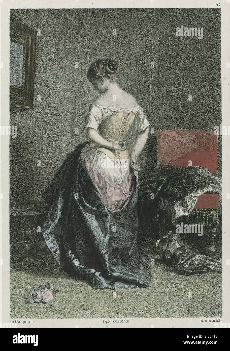 Le Corset (title on object), A woman, seen from the back, is taking off ...