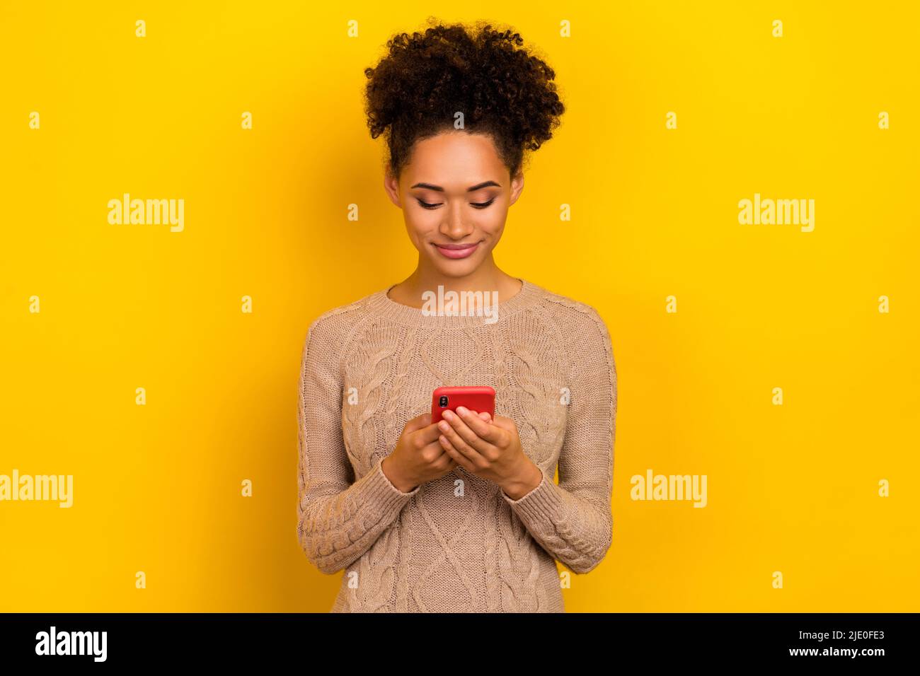 Photo of charming sweet woman wear beige sweater communicating modern ...