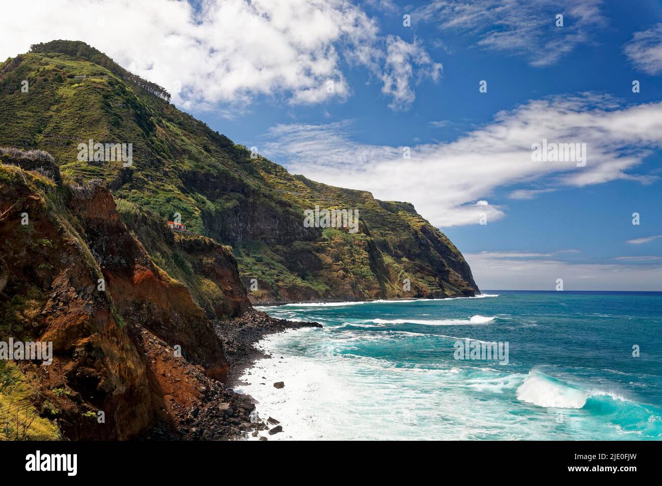 Coast sloping steeply into the sea, landscape, strong surf, Madeira ...