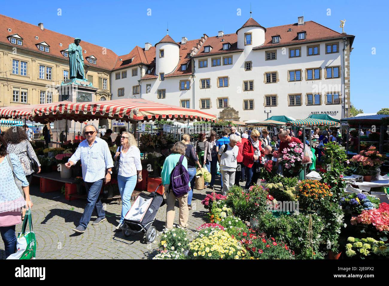 Market on Schillerplatz, at the back Old Chancellery, state capital ...