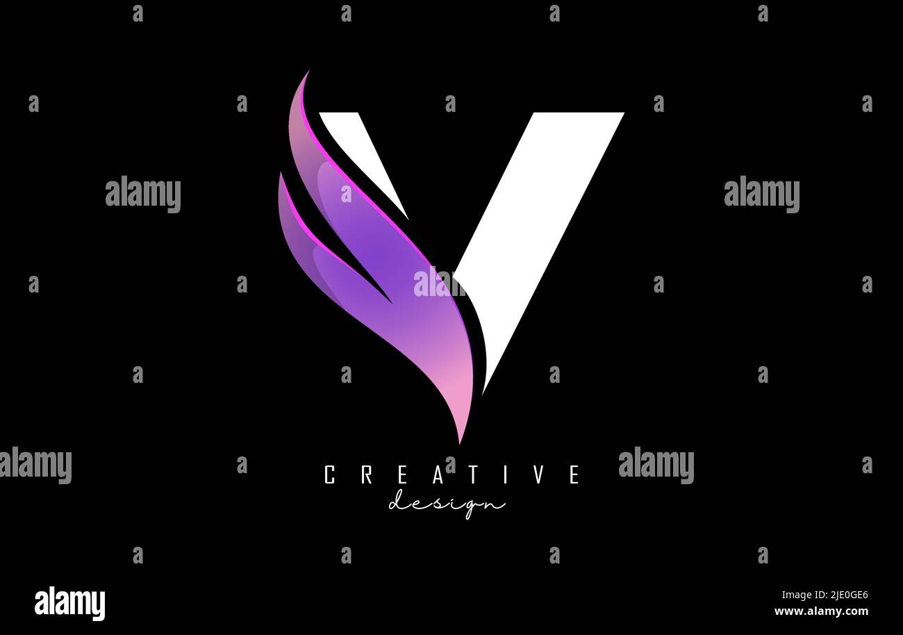 Vector illustration of abstract letter white V with pink leaf, eco ...
