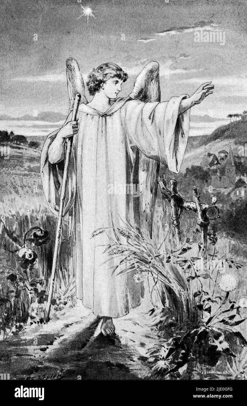 Under the evening star, angel, staff, barefoot, hand, show, star, sky ...