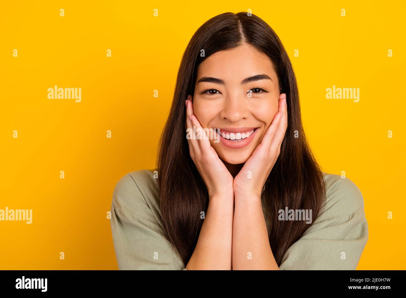 Photo of good mood cute charming woman touching her cheeks soft skin ...