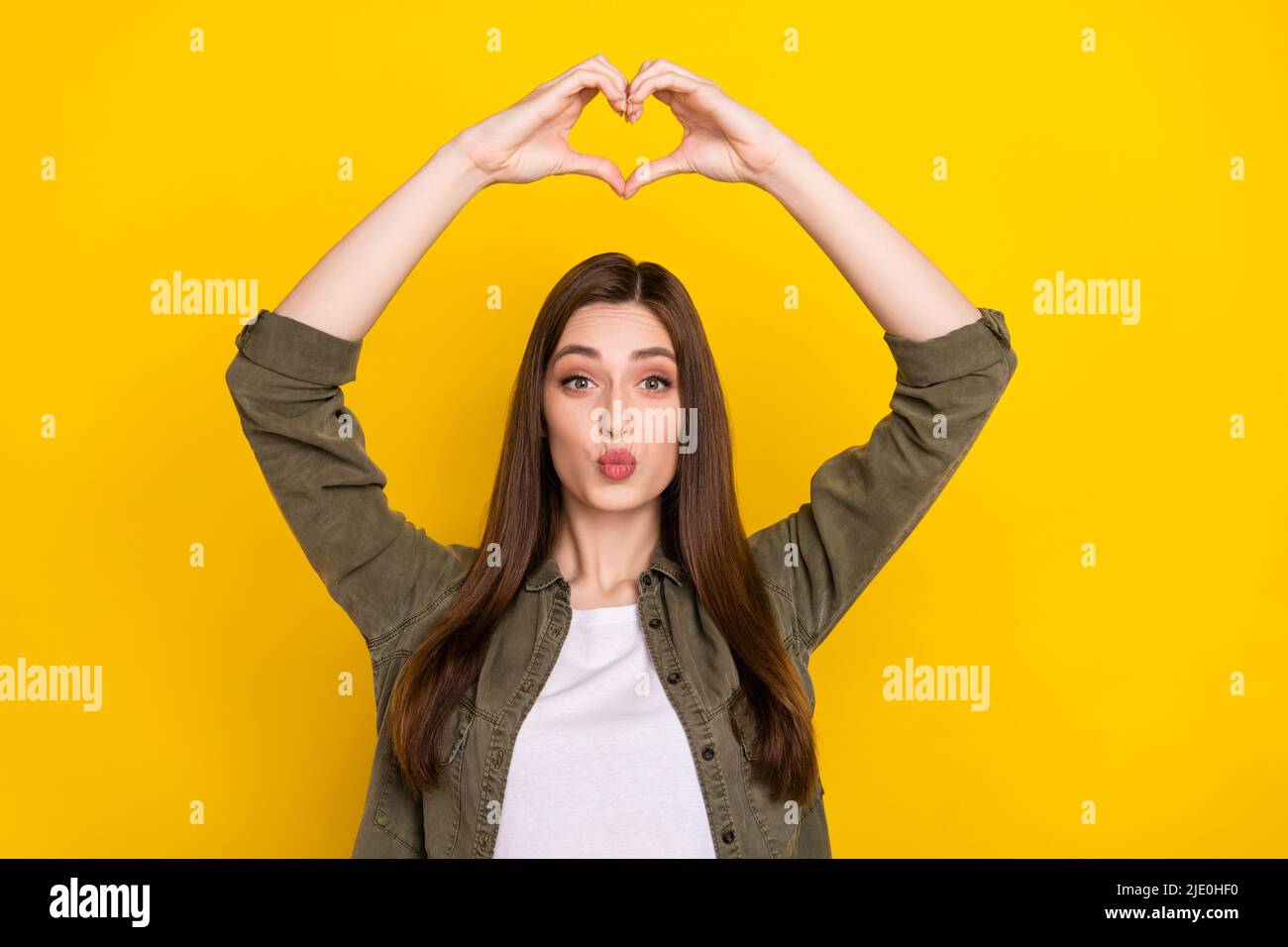 Photo of charming attractive lady kiss her boyfriend express sincere ...