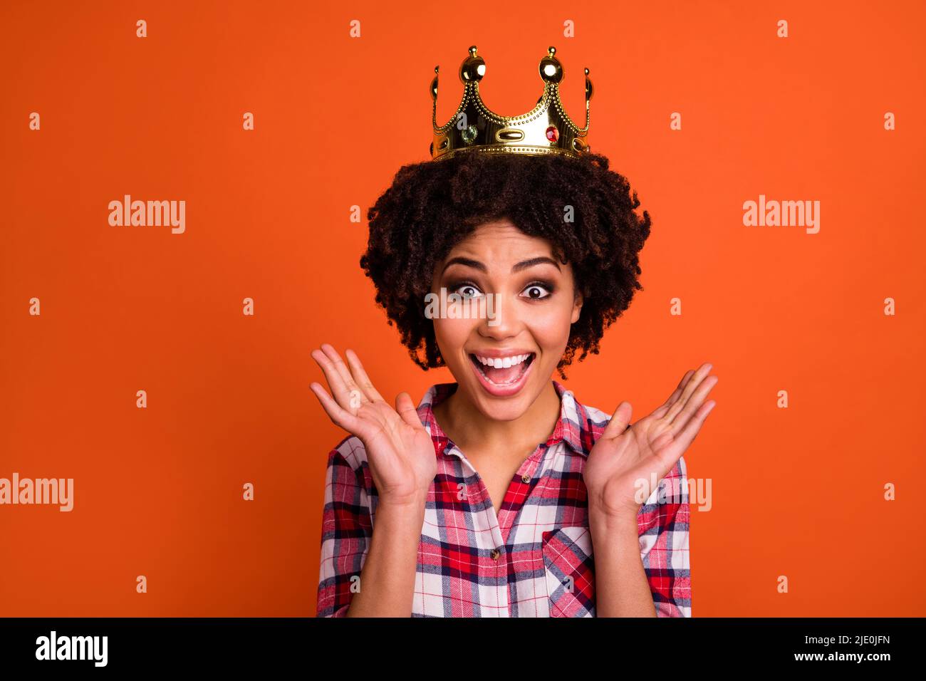 Portrait of cheerful lady impressed win best prom party queen scream ...