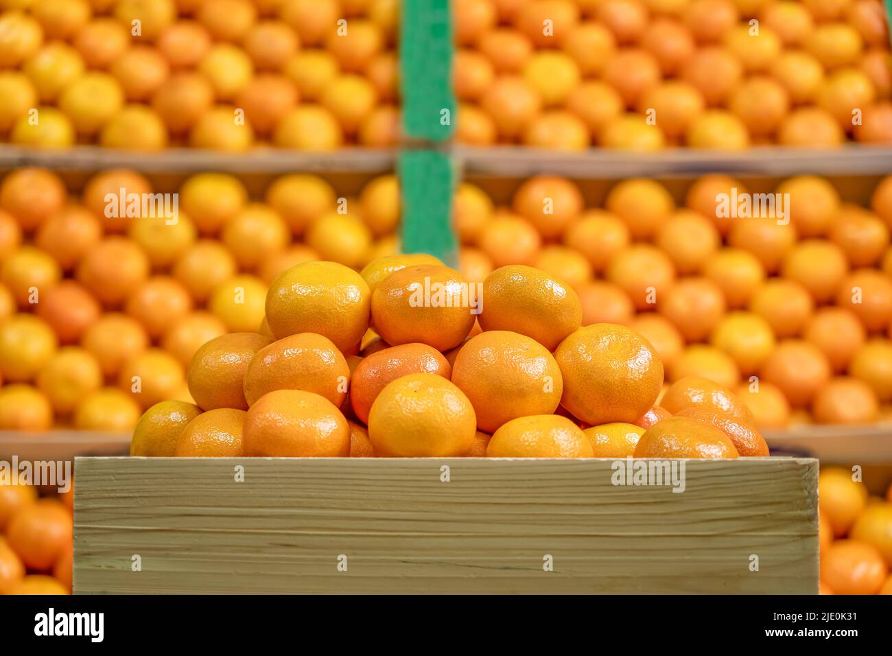 Wooden box with a stack of tangerines and unfocused tangerines ...