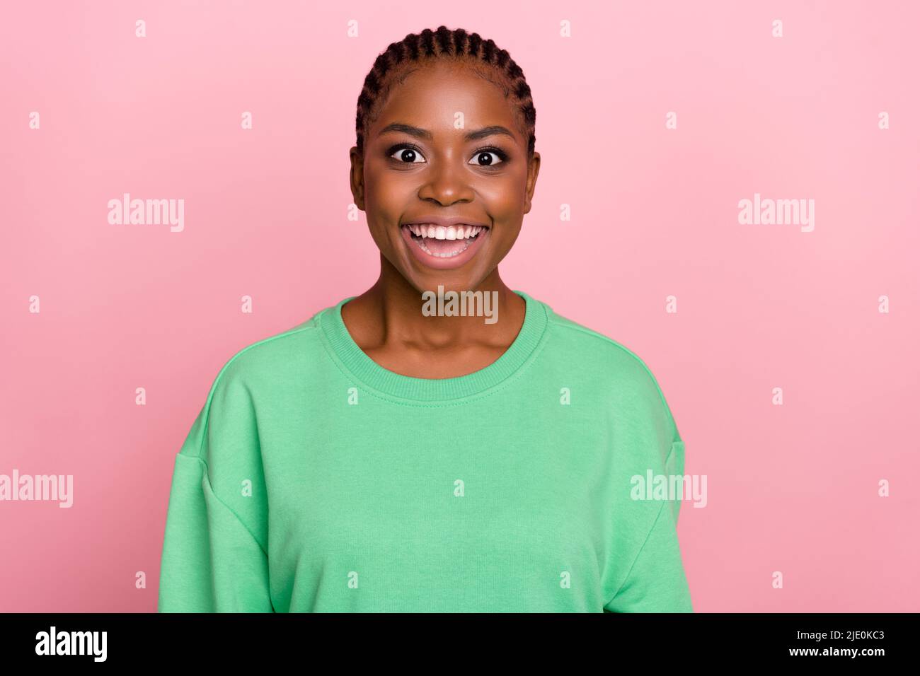 Close-up photo of cheerful amazed young female see her favorite clothes ...