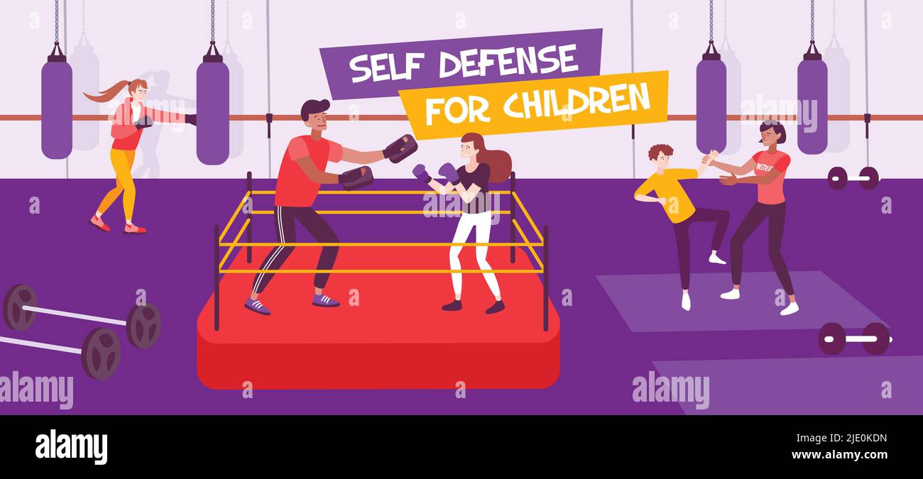 Self defense kid flat composition with text and indoor view of boxing ...