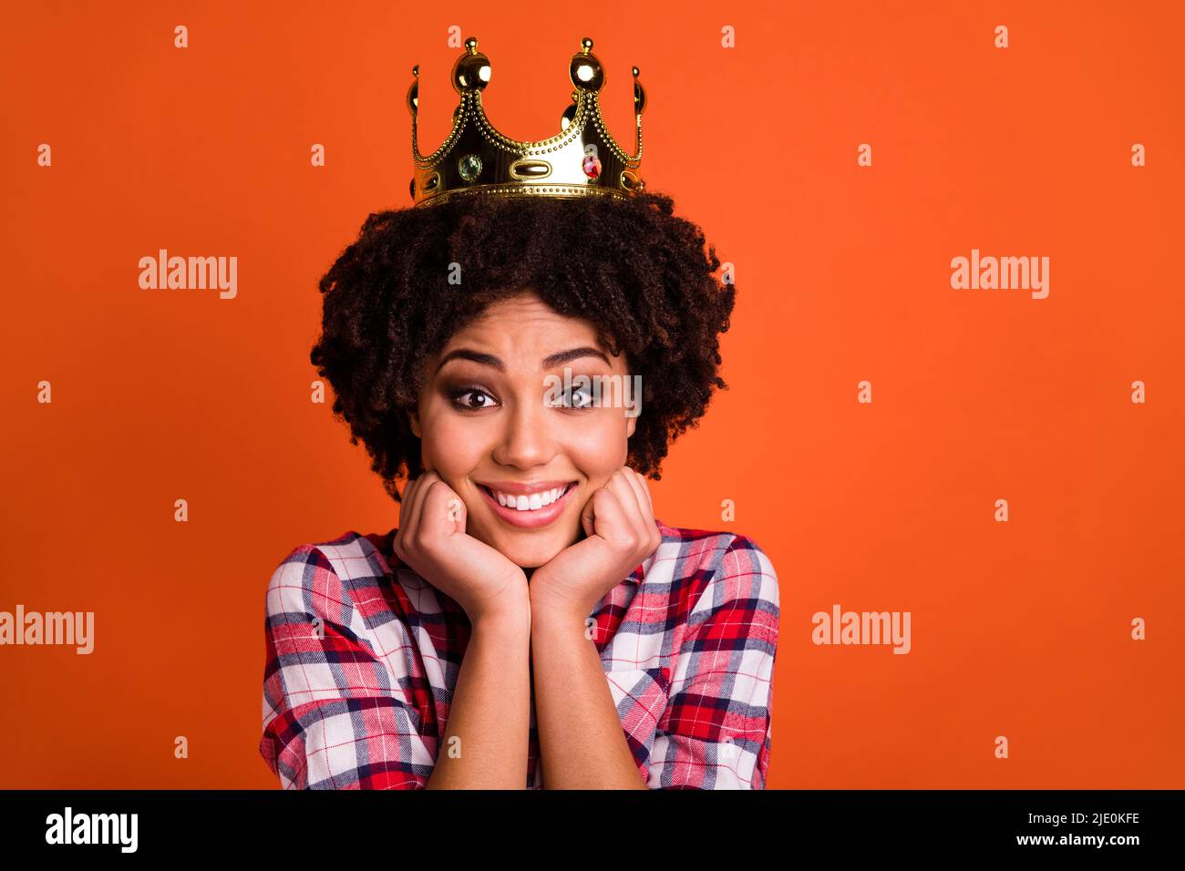 Photo of cheerful adorable girl hands touch cheeks toothy smile wear ...