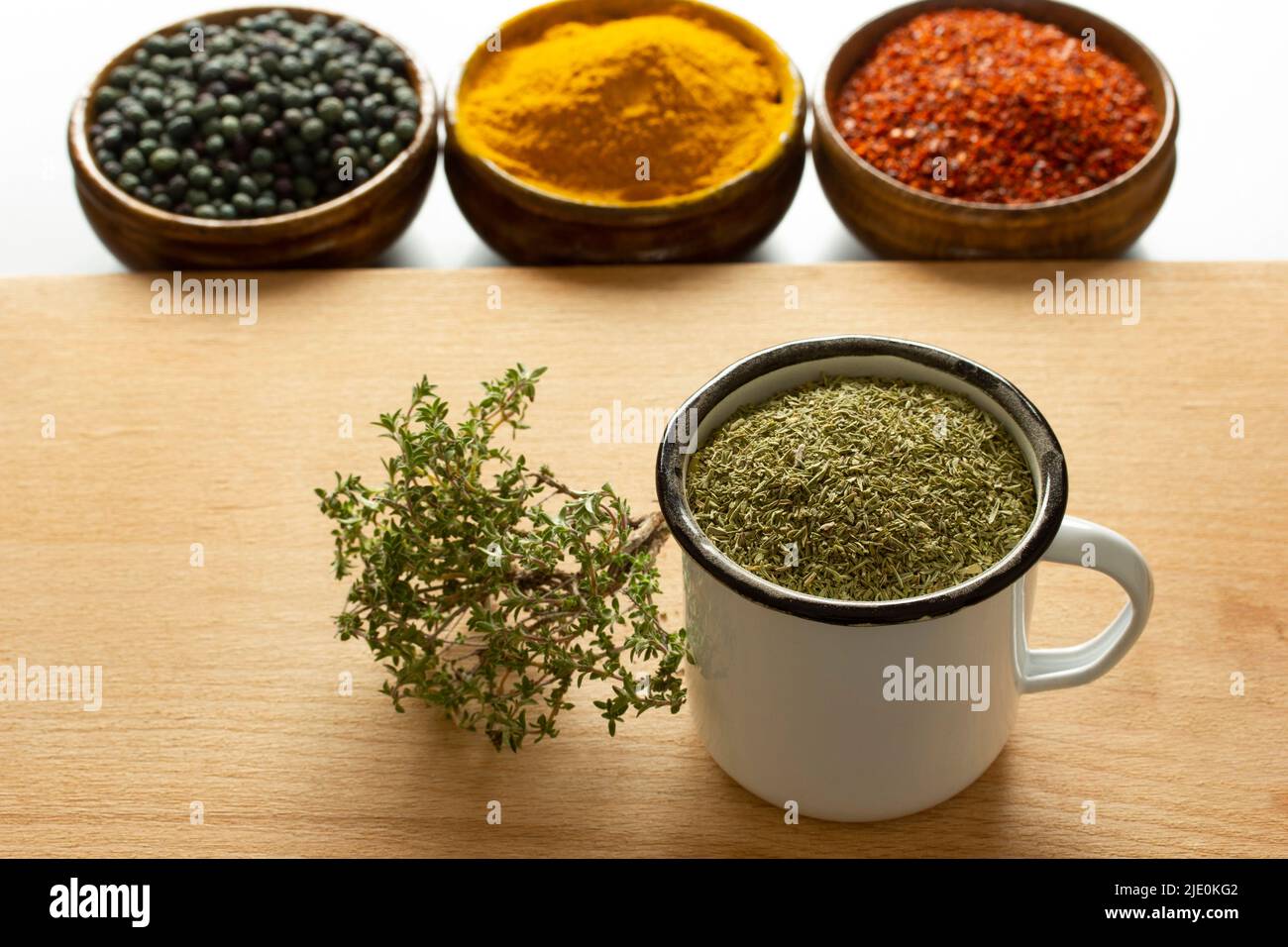 Types of spices. Roasted terebinth fruits. Thyme. Turmeric. Red ...