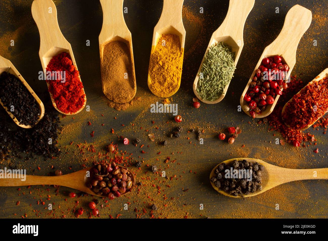 Colorful background from various spices in spoon Stock Photo - Alamy