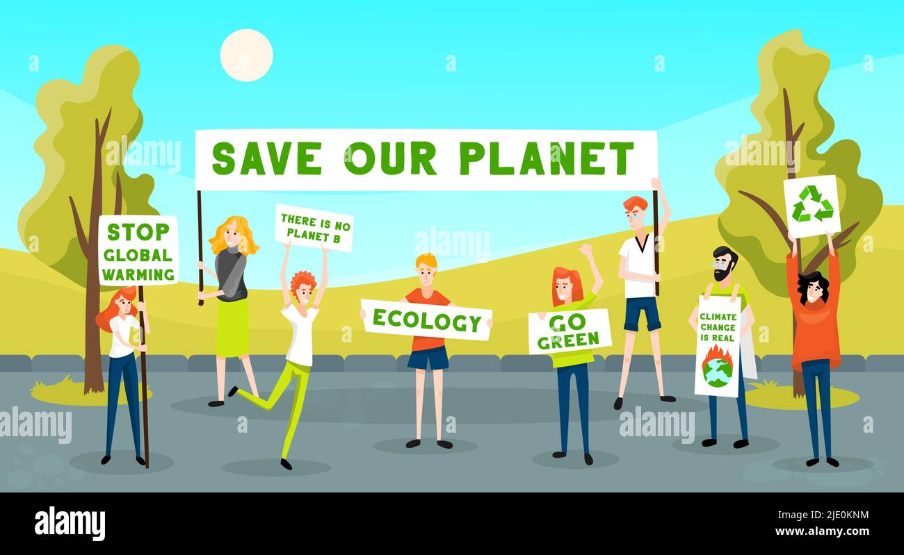 Protesting people activist ecology go green composition with outdoor ...