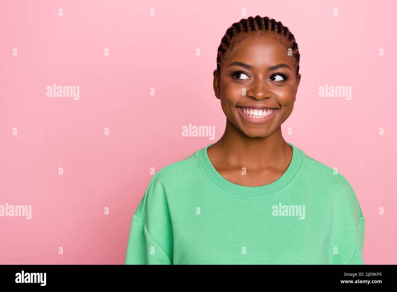 Photo of sweet smiling young female see product on sale black friday ...