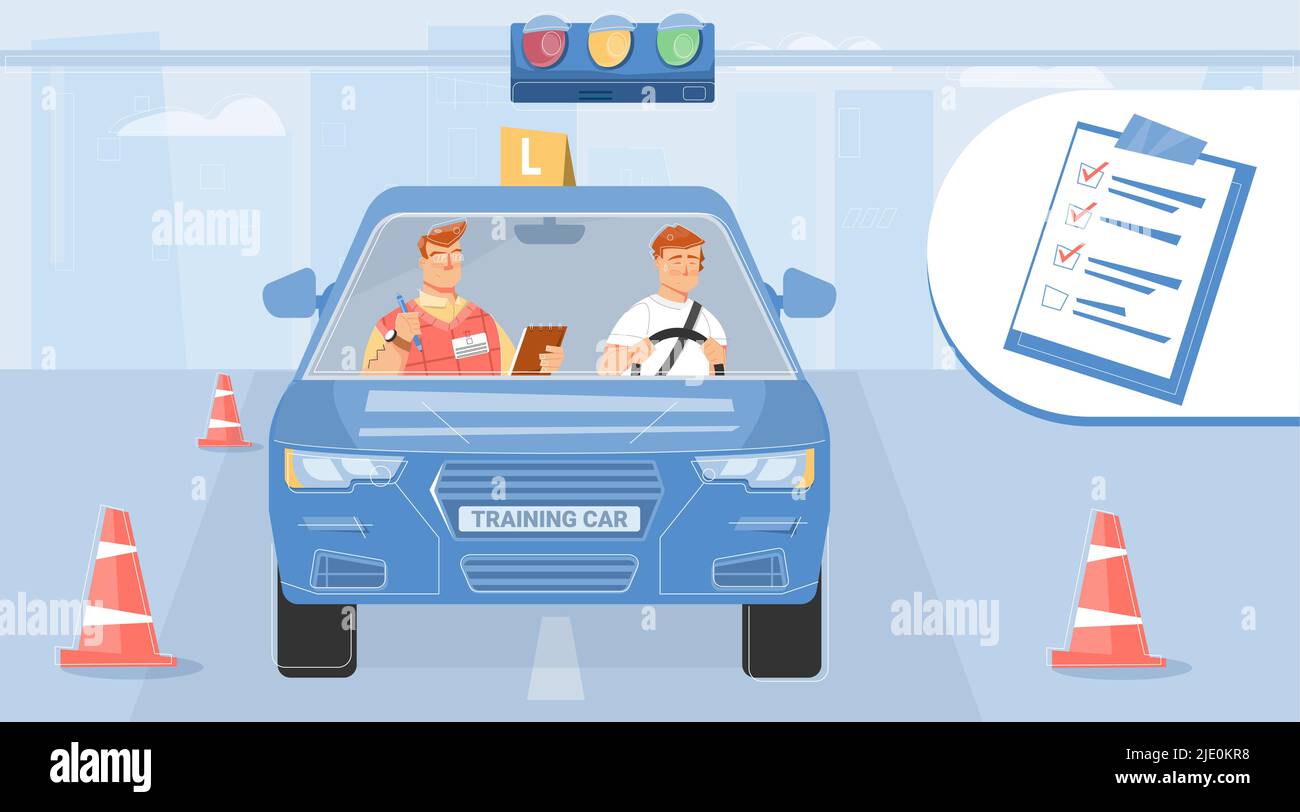 Student taking driving test with instructor flat design background ...