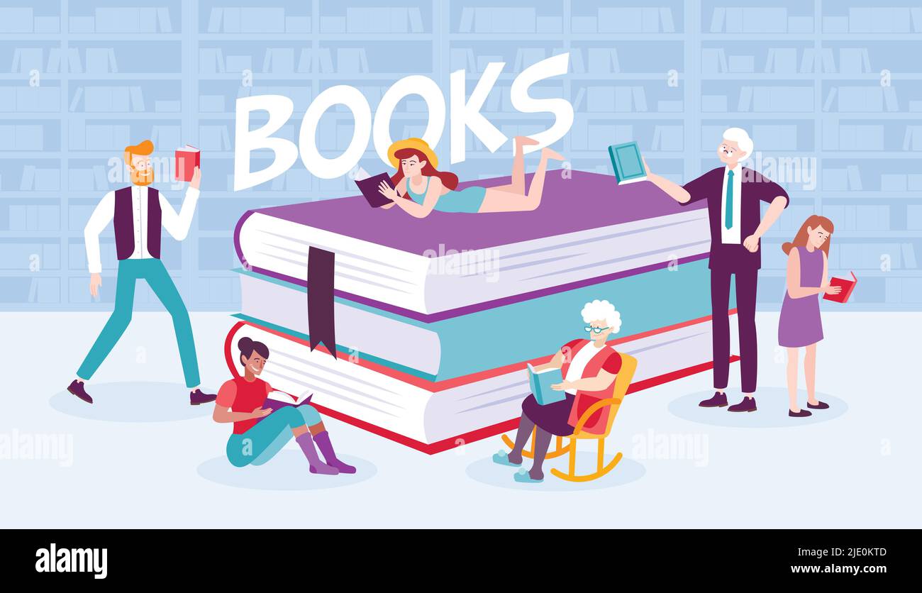 Book people composition with flat human characters surrounding pile of ...