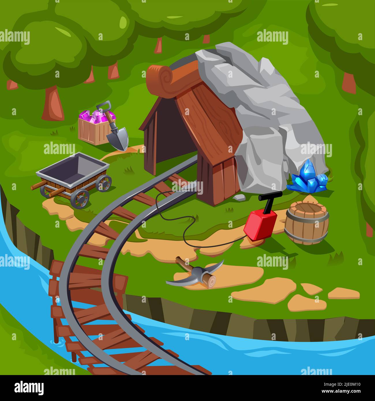 Colored cartoon mining game design composition landscape with mine and ...