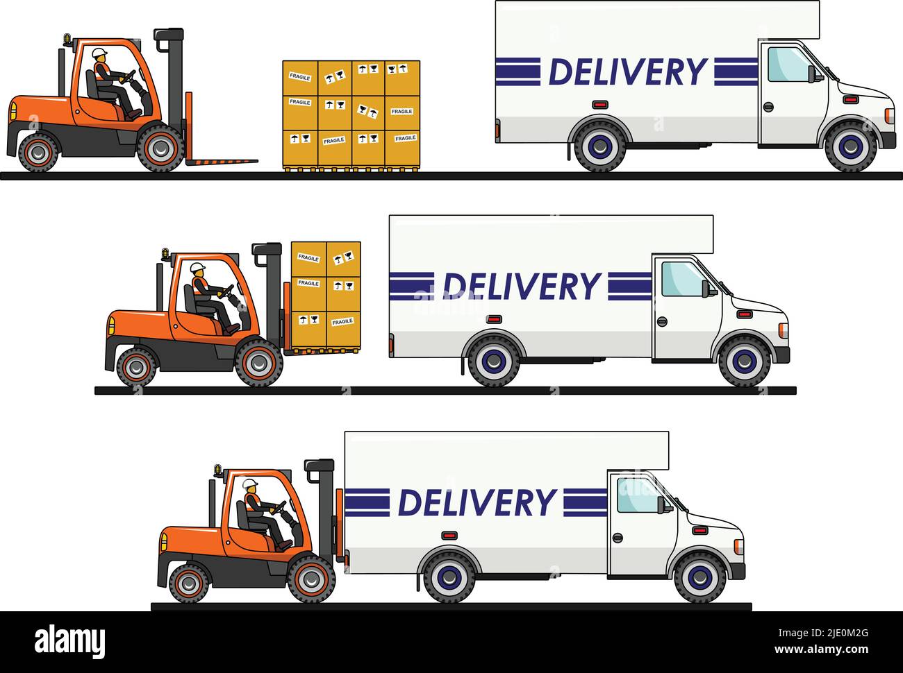 Forklift loading boxes into a truck, van isolated on white background ...