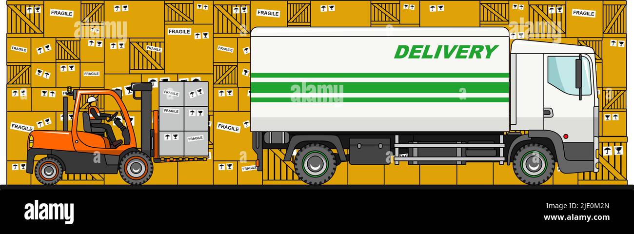 Forklift loading boxes into a truck, van isolated on white background ...