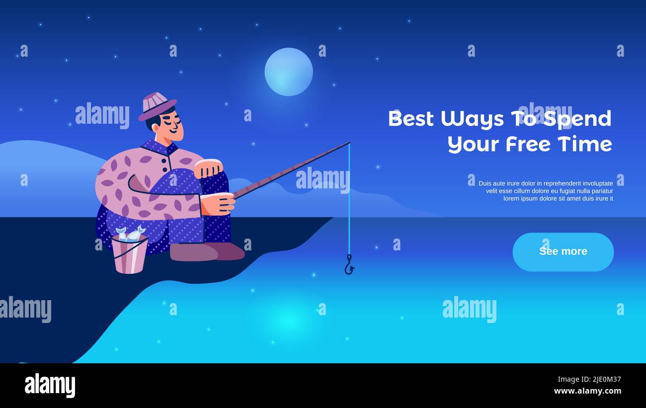 Free time activities hobbies with fishing man horizontal web page ...