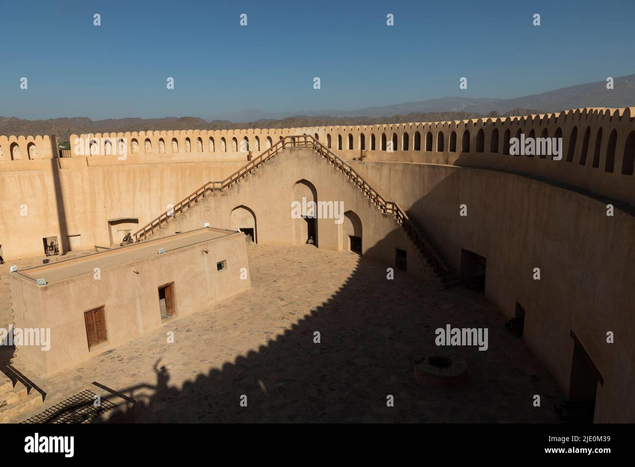 Upper courtyard of Nizwa Fort in Oman, showing defensive walls ...